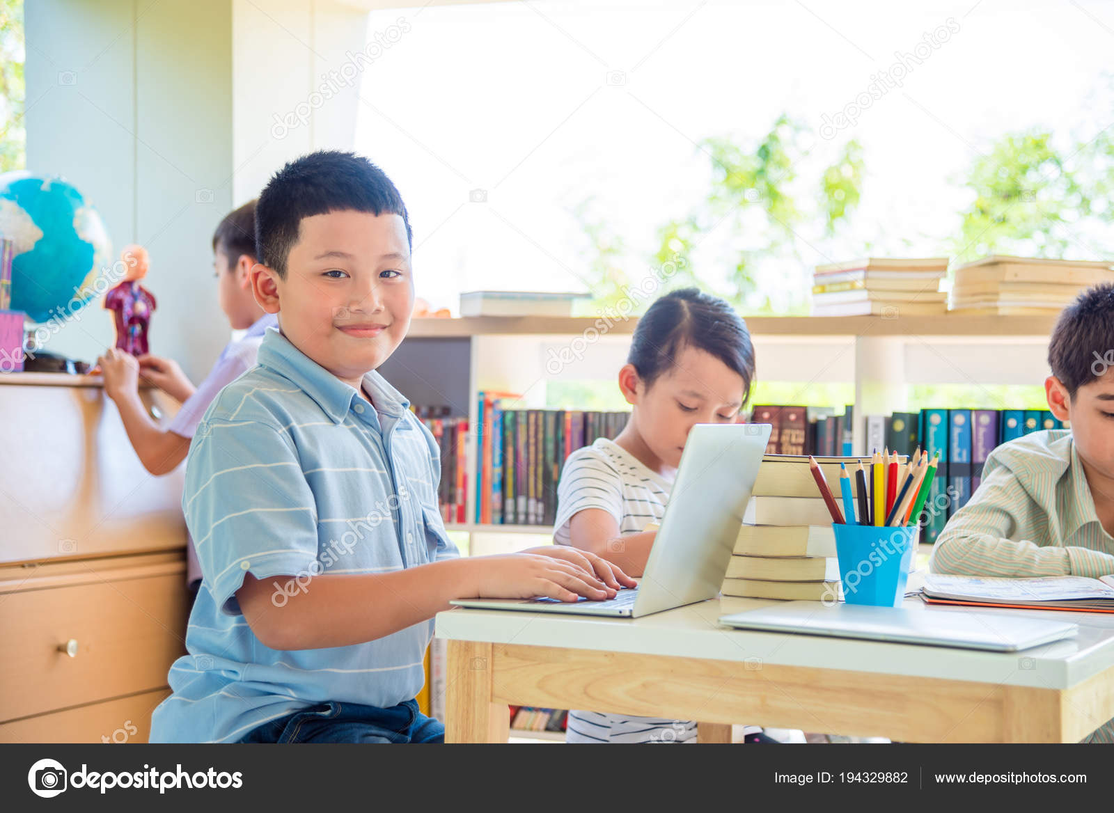 Young Asian Student Using Laptop Computer School Library — Stock Photo ...