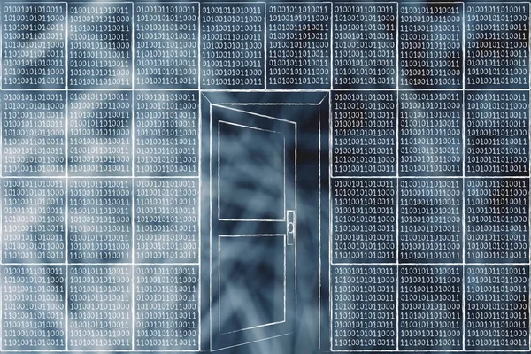 semi-open door surrounded by wall of binary code blocks - Stock Image ...