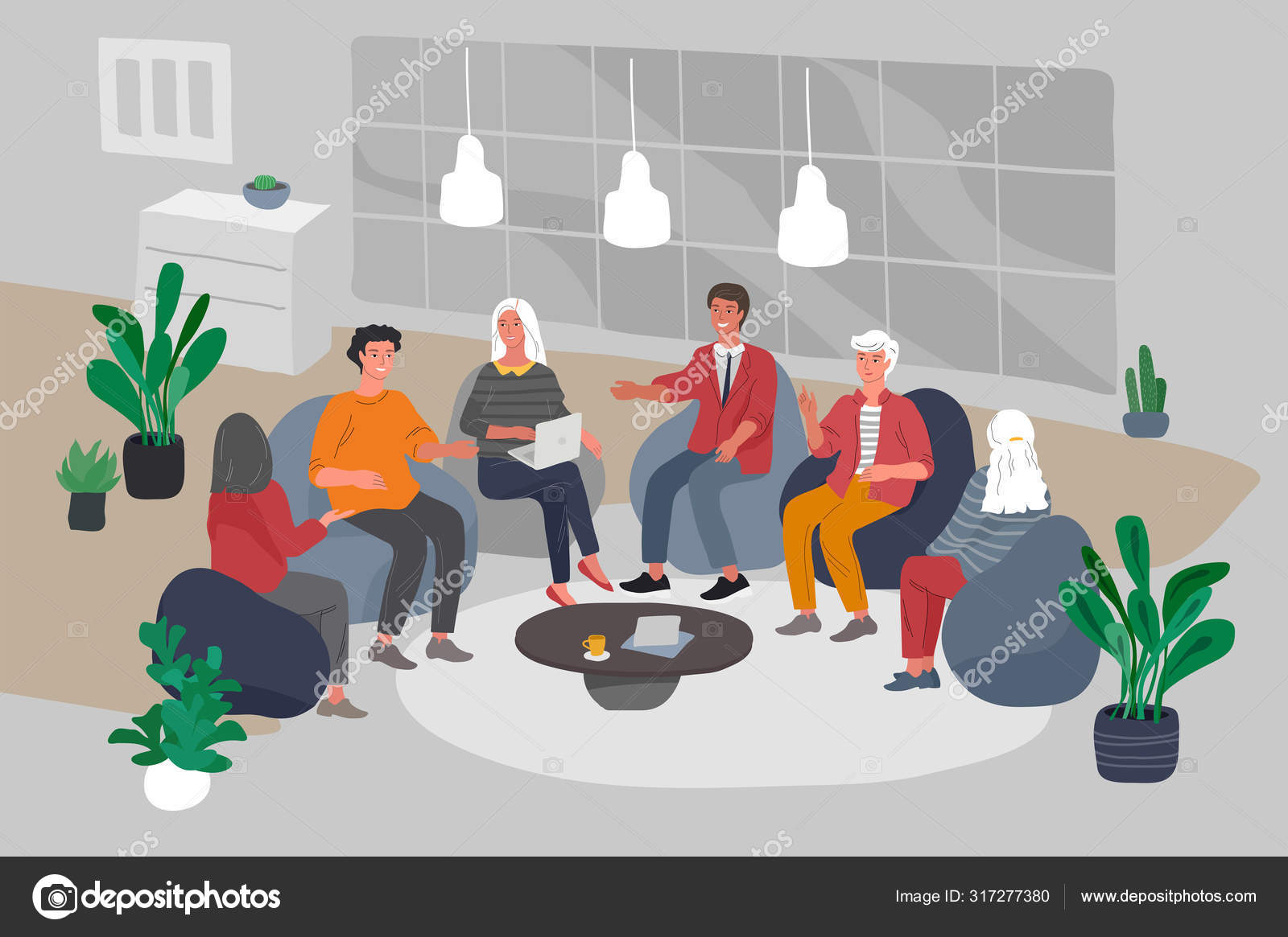 Office interior with group workers sitting and have teamwork meeting or ...