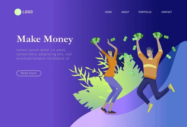 Landing page template Happy people with money, characters in move make ...