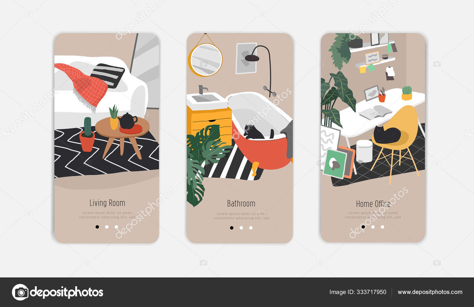 Template for interior design. Mobile App Page Onboard Screen Set. Hand ...