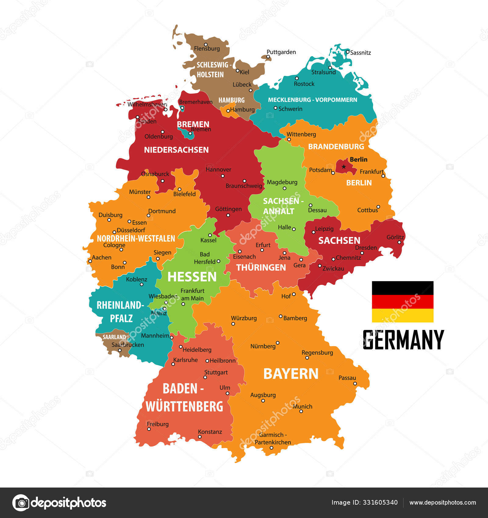 Germany Map Flag Germany City Names Land Contours Vector Illustration ...