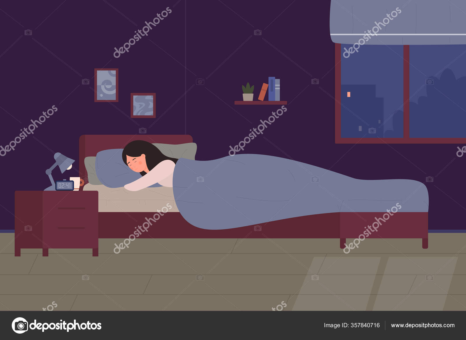 Young cute woman sleeping in her bed. Cartoon girl room bedroom at ...