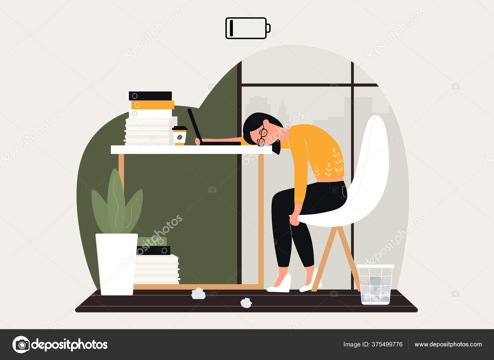 Work problem vector illustration, cartoon sad woman character working ...