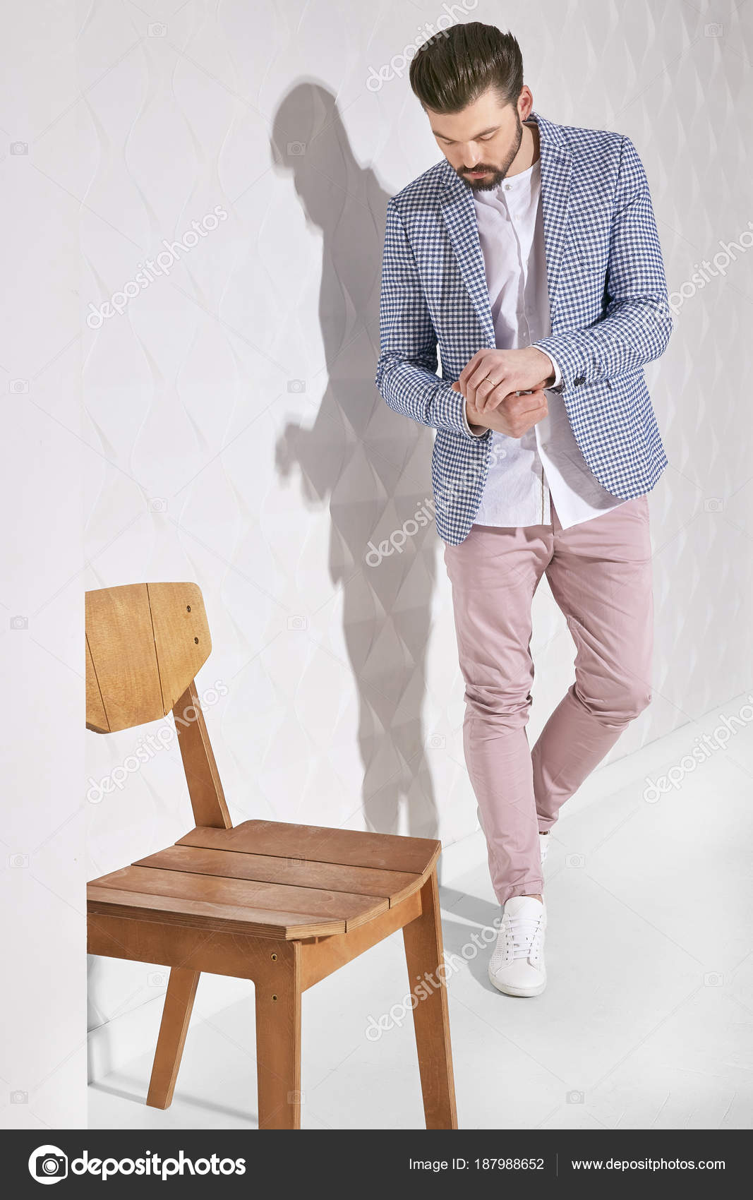 Fashion Portrait Handsome Male Model Dark Hair Beard Wearing Light ...