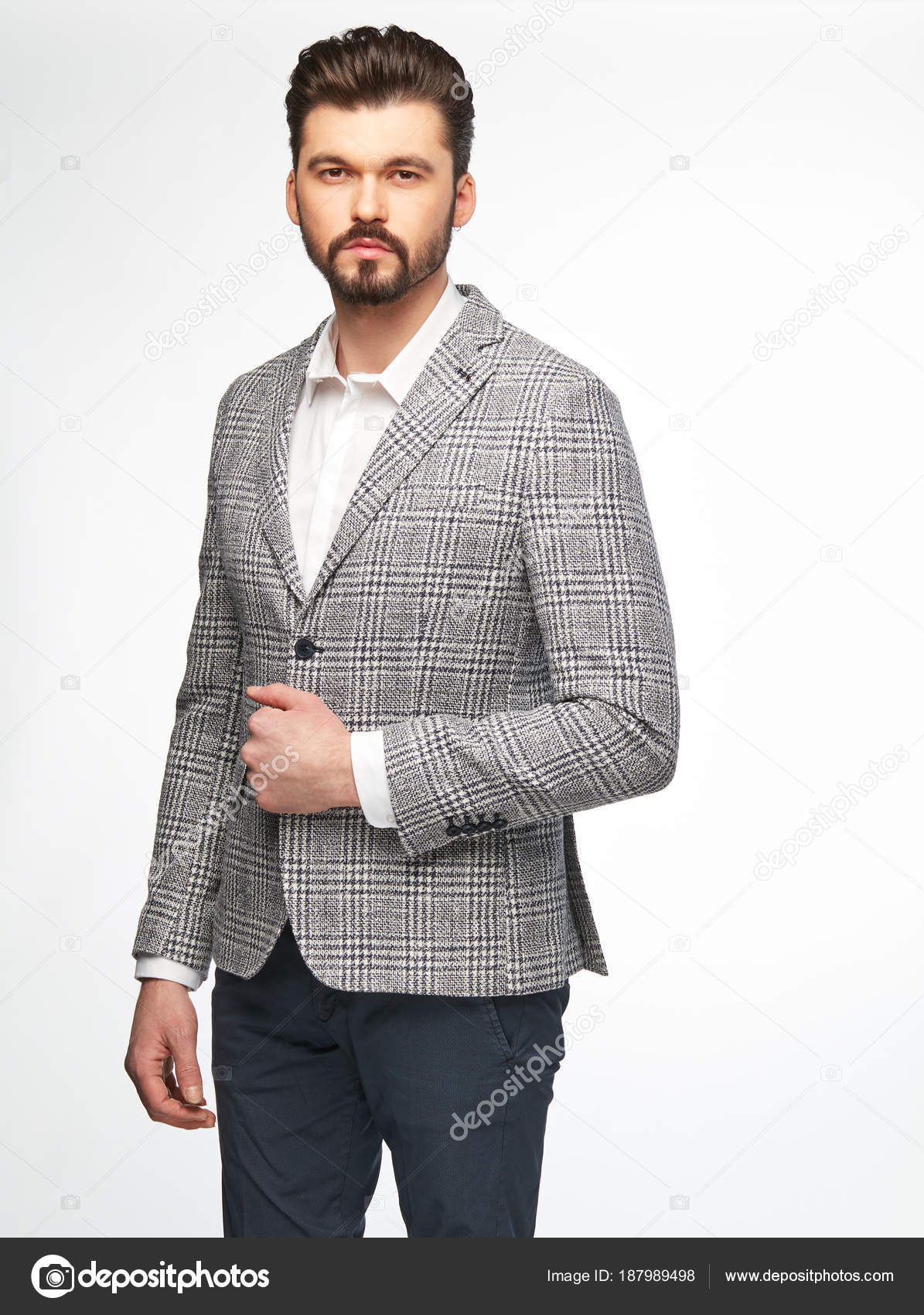 Fashion Portrait Handsome Male Model Dark Hair Beard Eyes Wearing ...