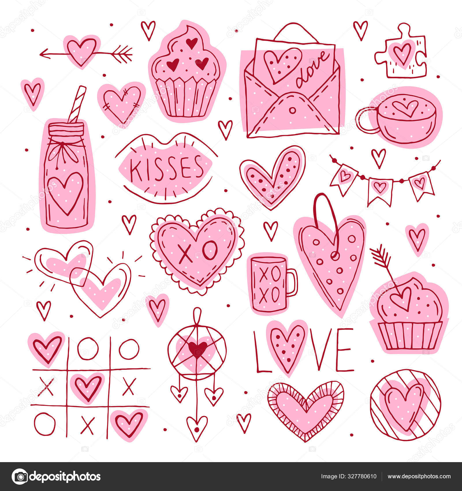 St.Valentine`s Day big doodle set of elements, clipart, stickers. Stock ...