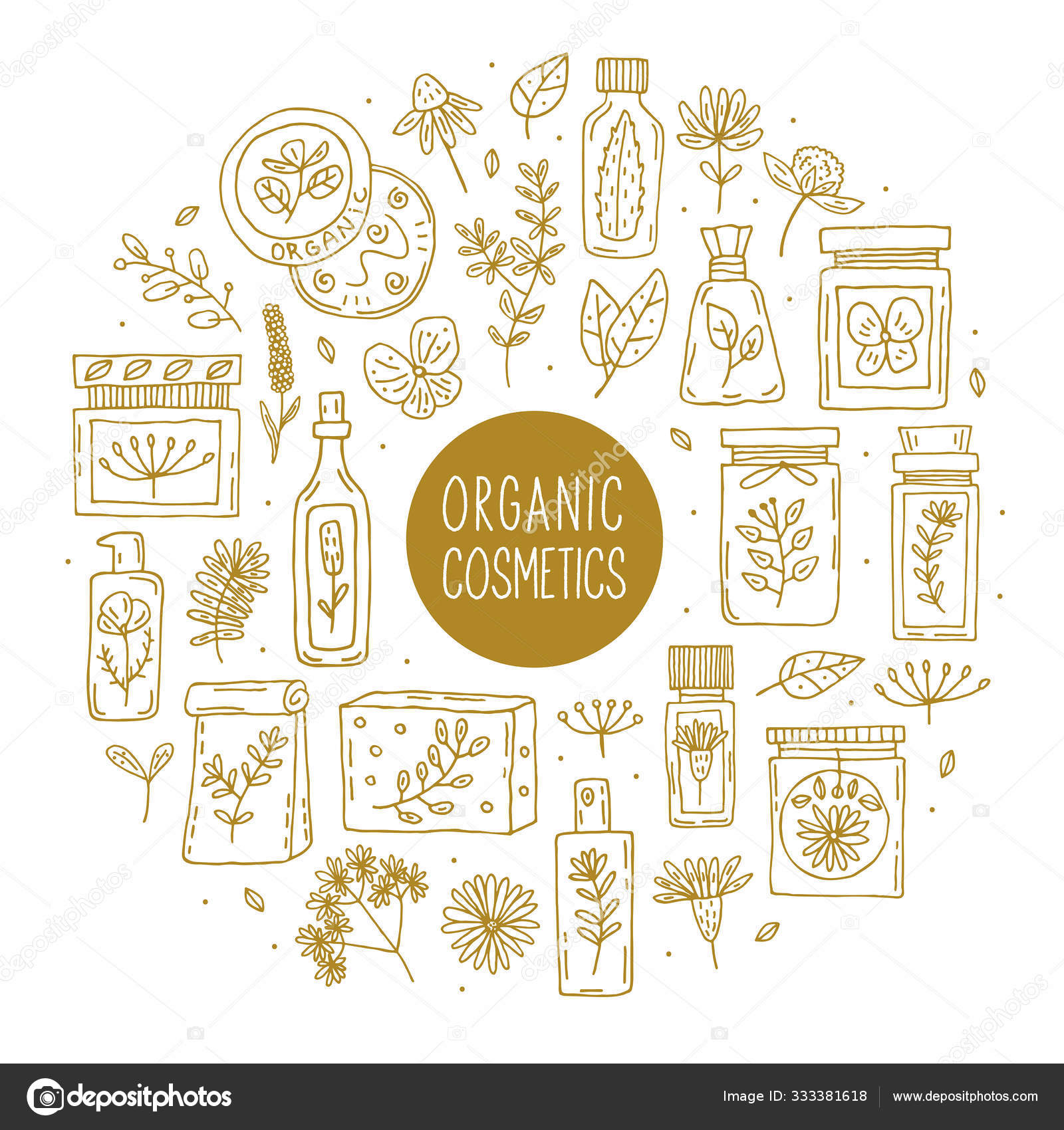 Natural organic cosmetics with plants, herbs doodle vector clipart ...