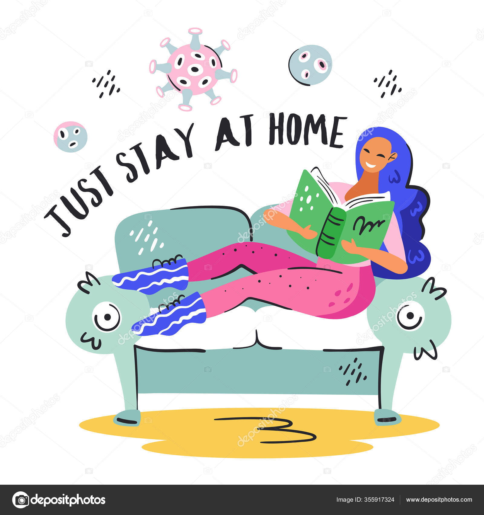 Just Stay Home Young Smiling Girl Blue Hair Couch Coronavirus Stock ...