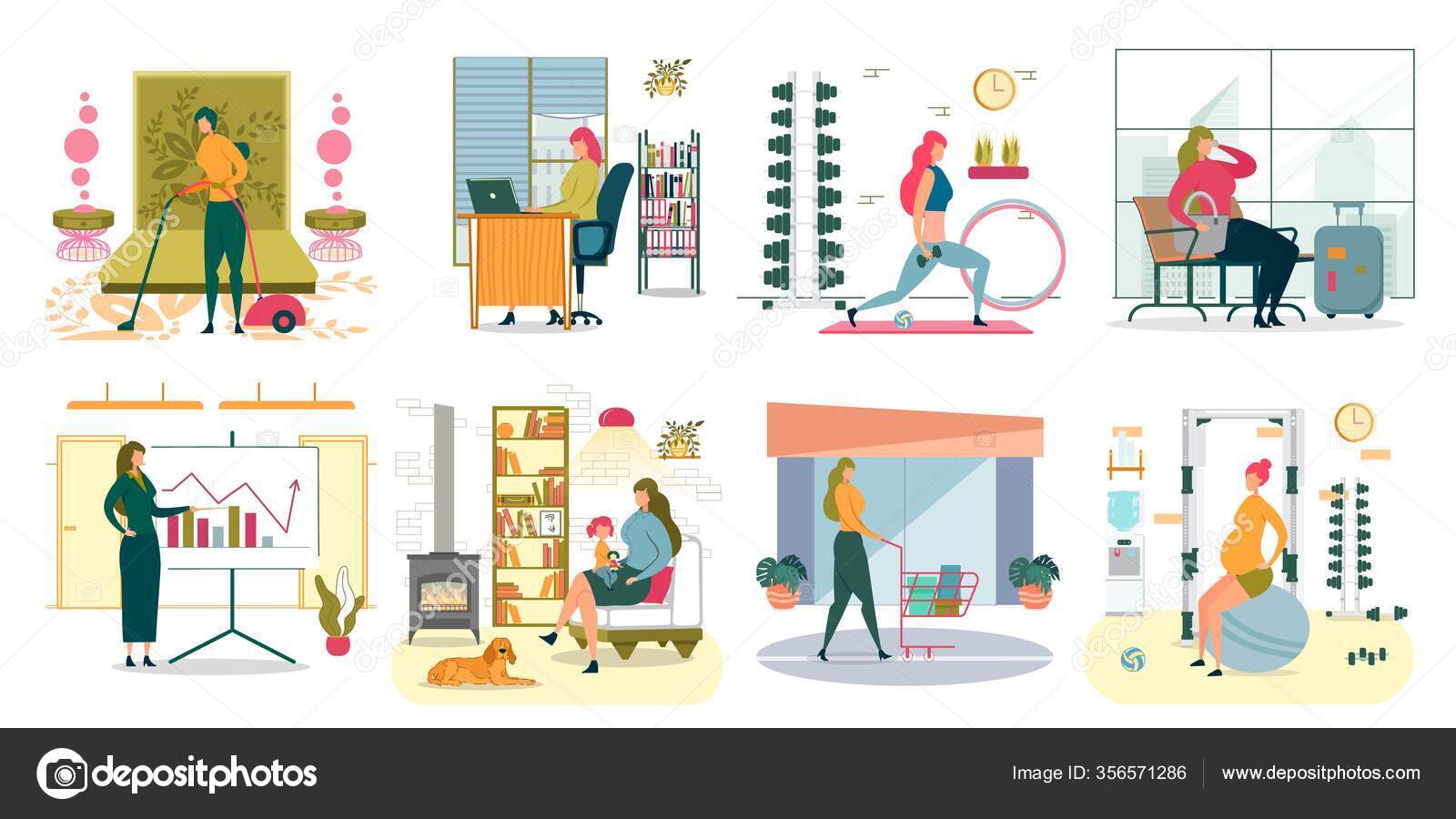 Women Daily Routine, Having Various Activities. Stock Vector Image by ...