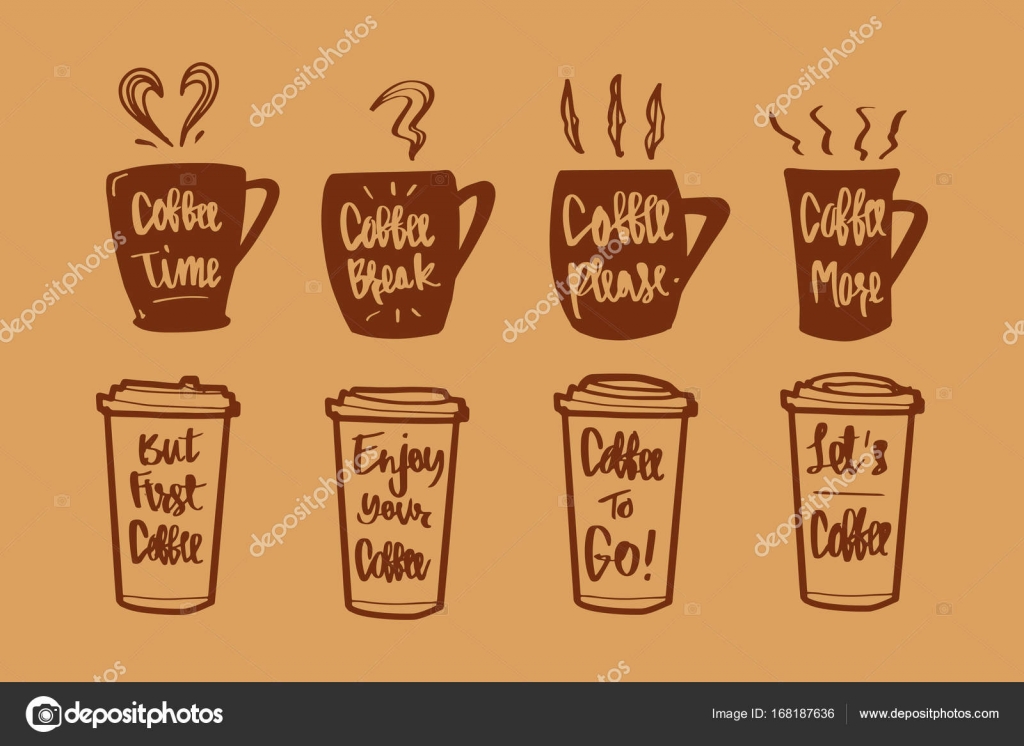 Hand drawn Calligraphy in coffee label set. coffee time, coffee break ...