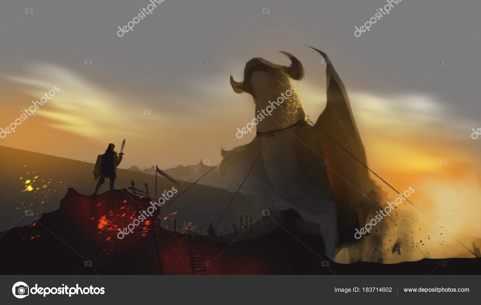 A dragon chained by the knight in abandoned land, fairy tale concept ...