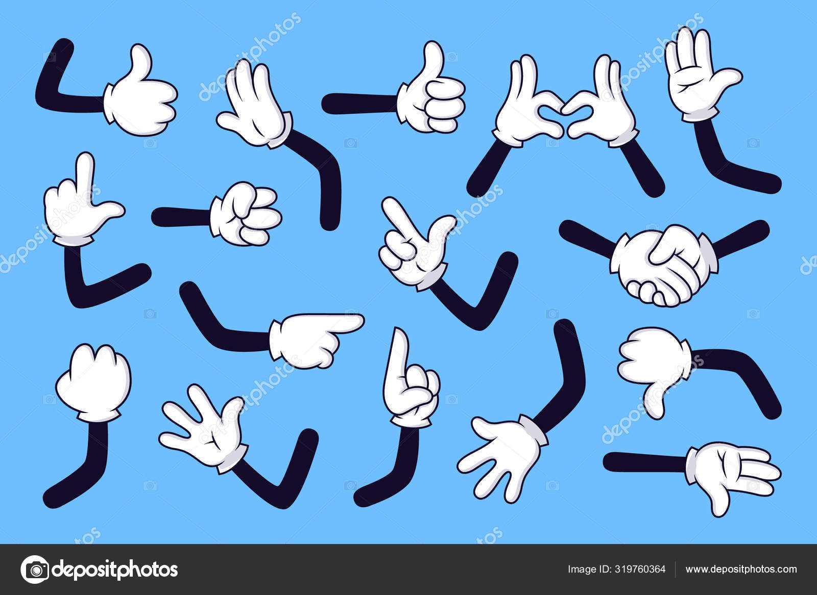 Cartoon arms. Gloved hands with different gestures, various comic hands ...