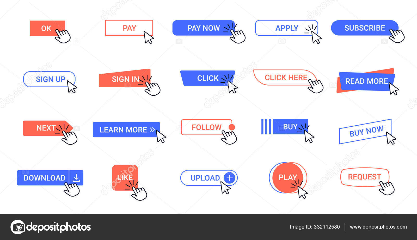 Click button. Web pointer clicking buttons, computer app interface mouse cursor tools. Arrow ...