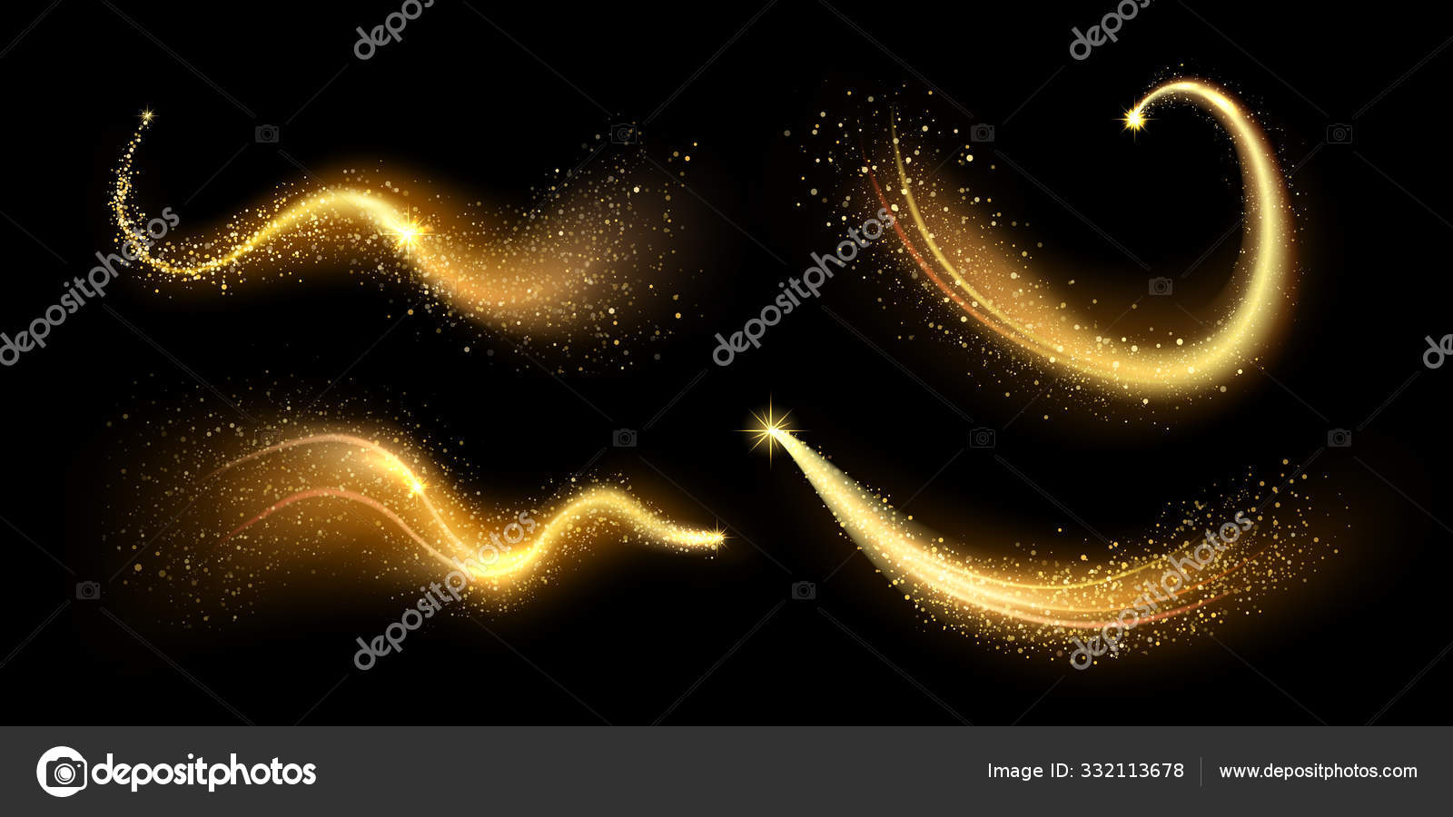 Magical gold sparkles dust. Golden lighting sparkle trail, glittering ...