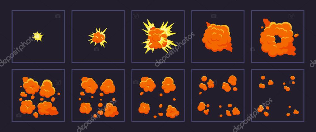 Explosiones de movimiento de dibujos animados. Disparo de explosión ...