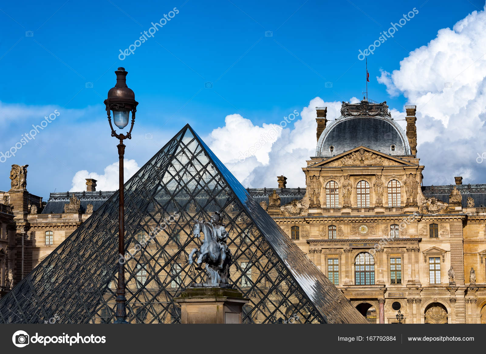 Louvre buildings and pyramid in courtyard of Louvre Museum – Stock ...