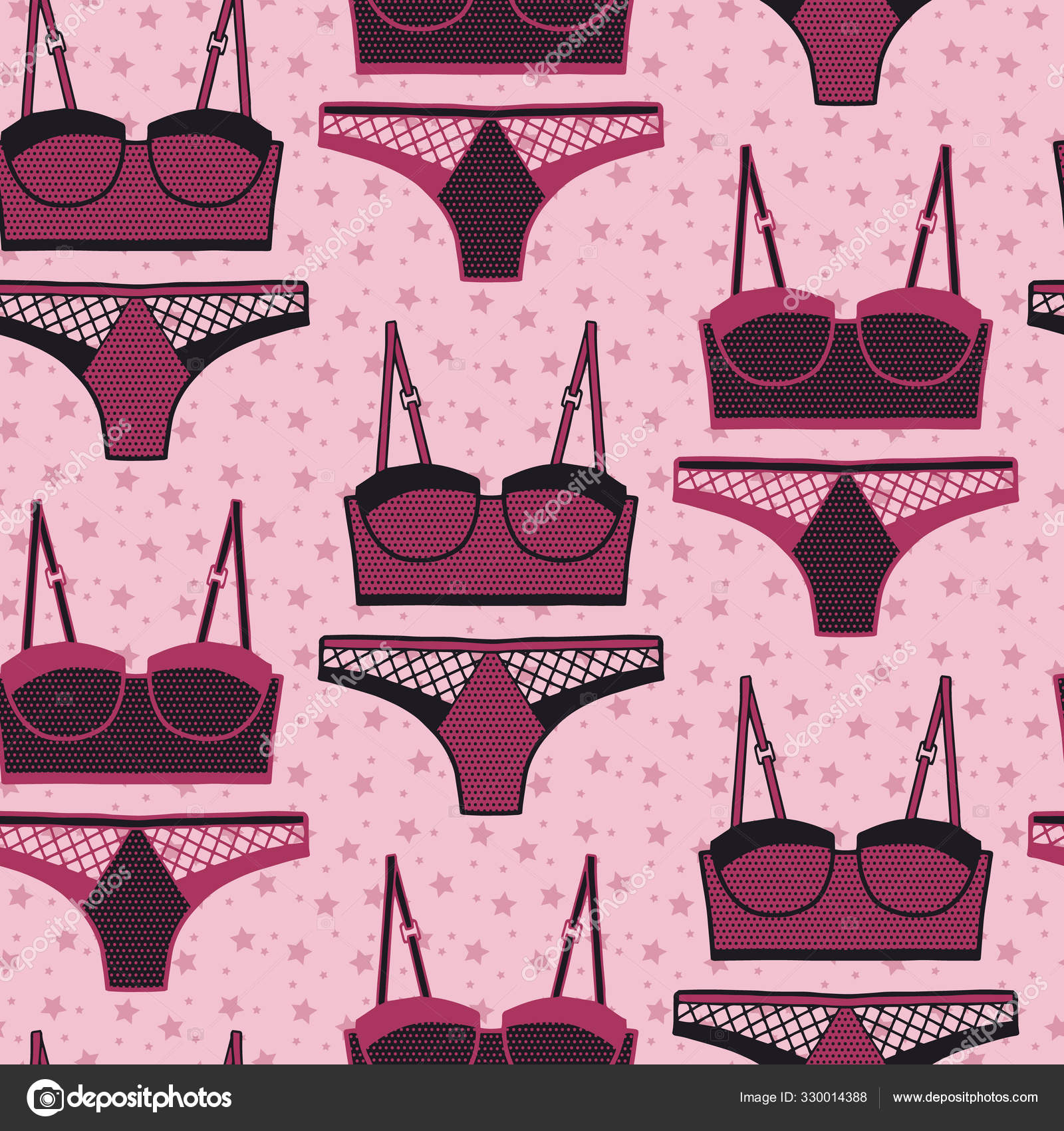 Vector Lingerie Pattern Pink Black Simple Outline Bra Panties Set Stock