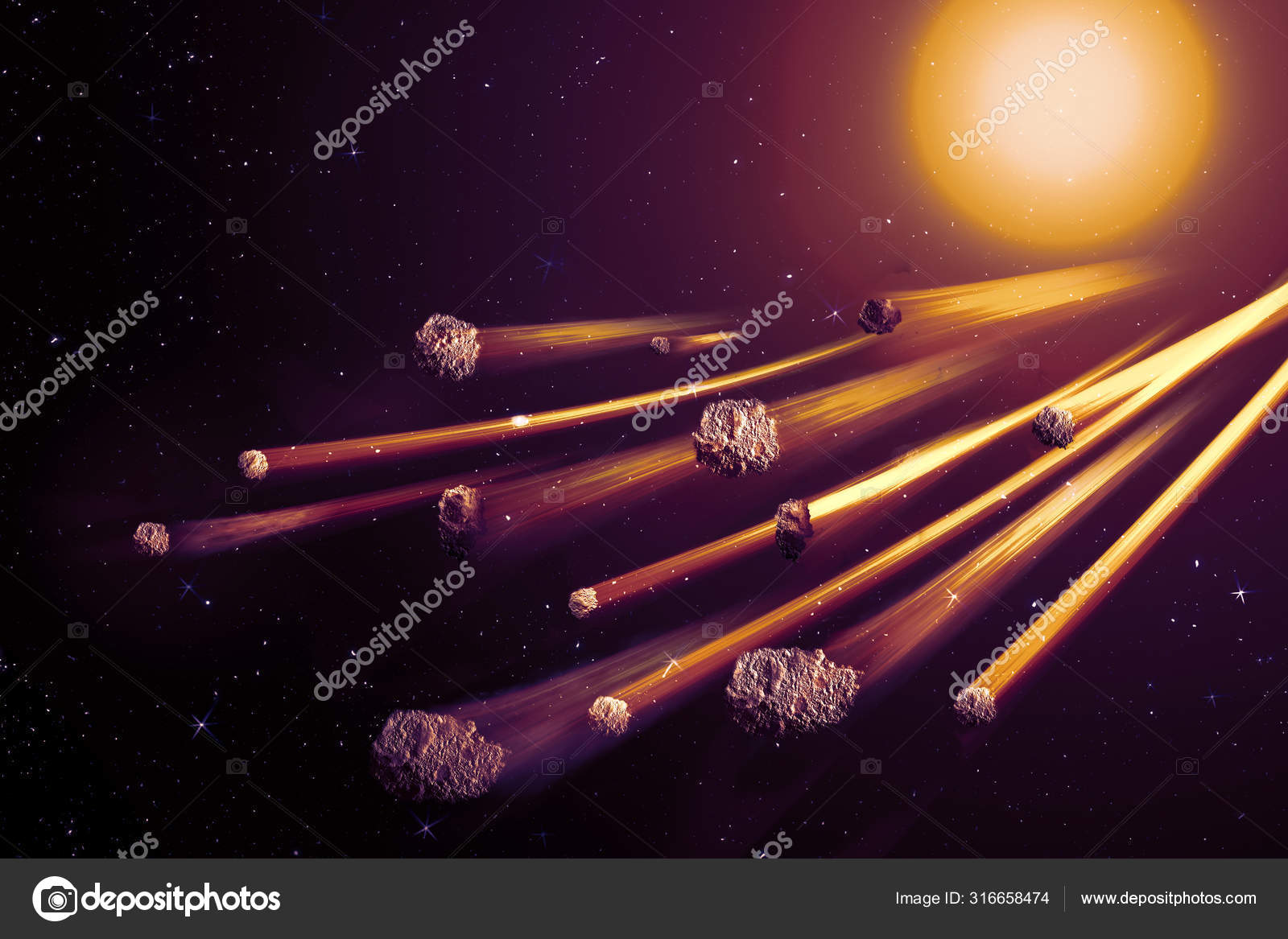 The Falling Meteor Rain. Comet in space, meteor and energy, asteroid ...