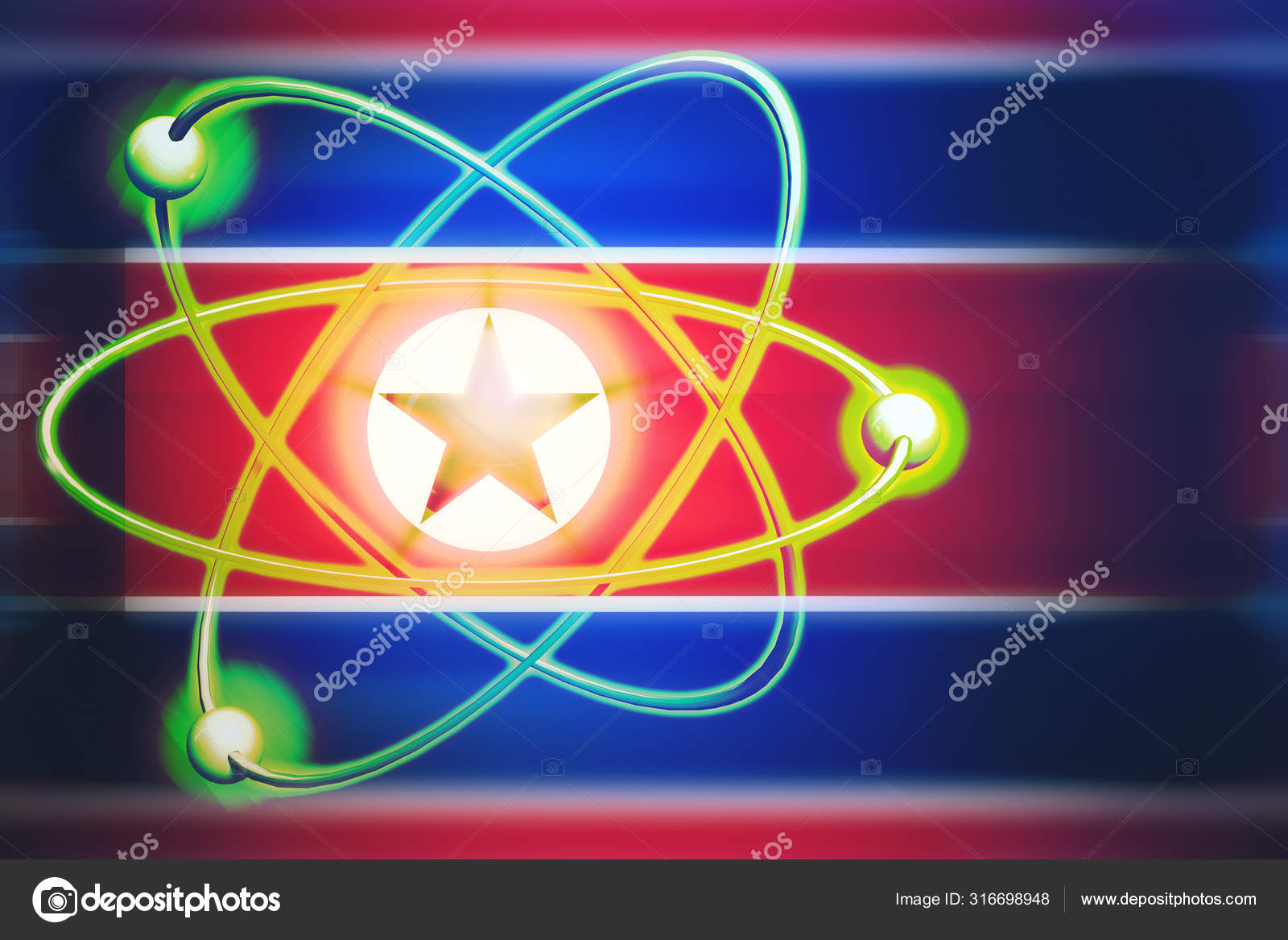 Nuclear bomb, nuclear test. Atom nuclear model on North Korean ...