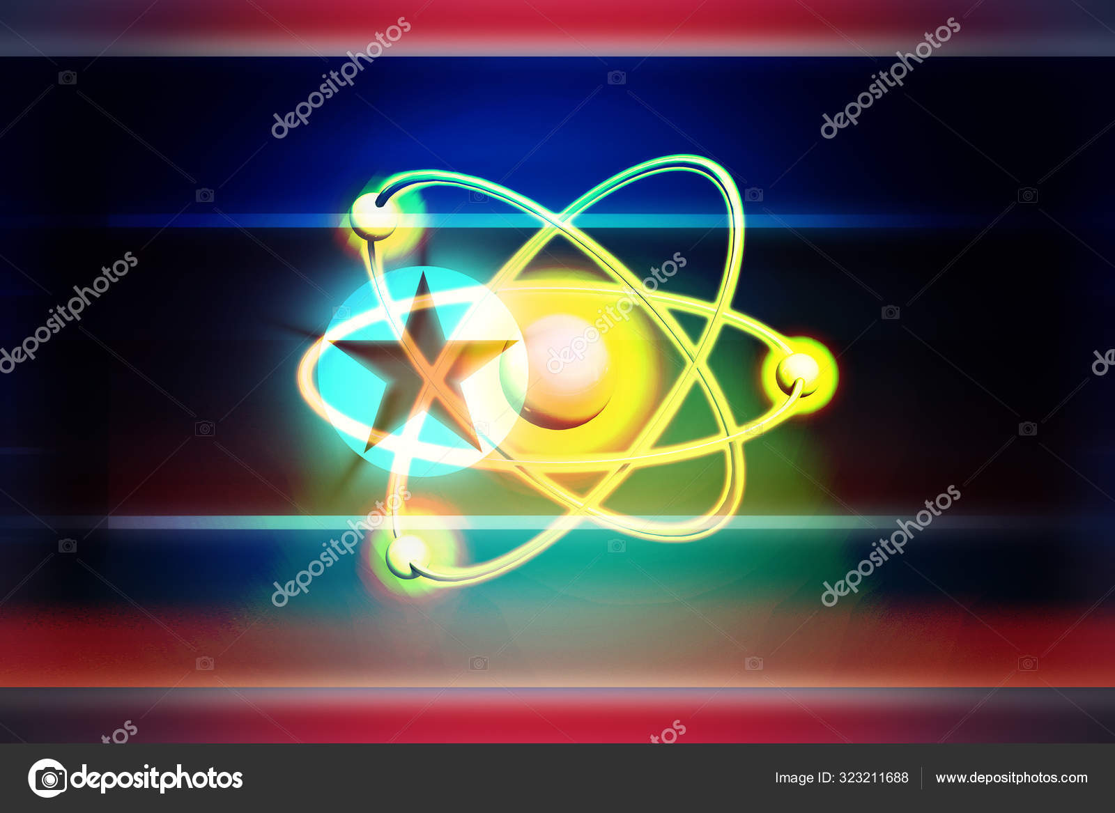 Nuclear bomb, nuclear test. Atom nuclear model on North Korean ...