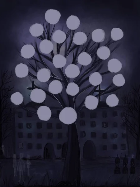 sad family tree of sorrow with ghosts and tombs - Stock Image - Everypixel