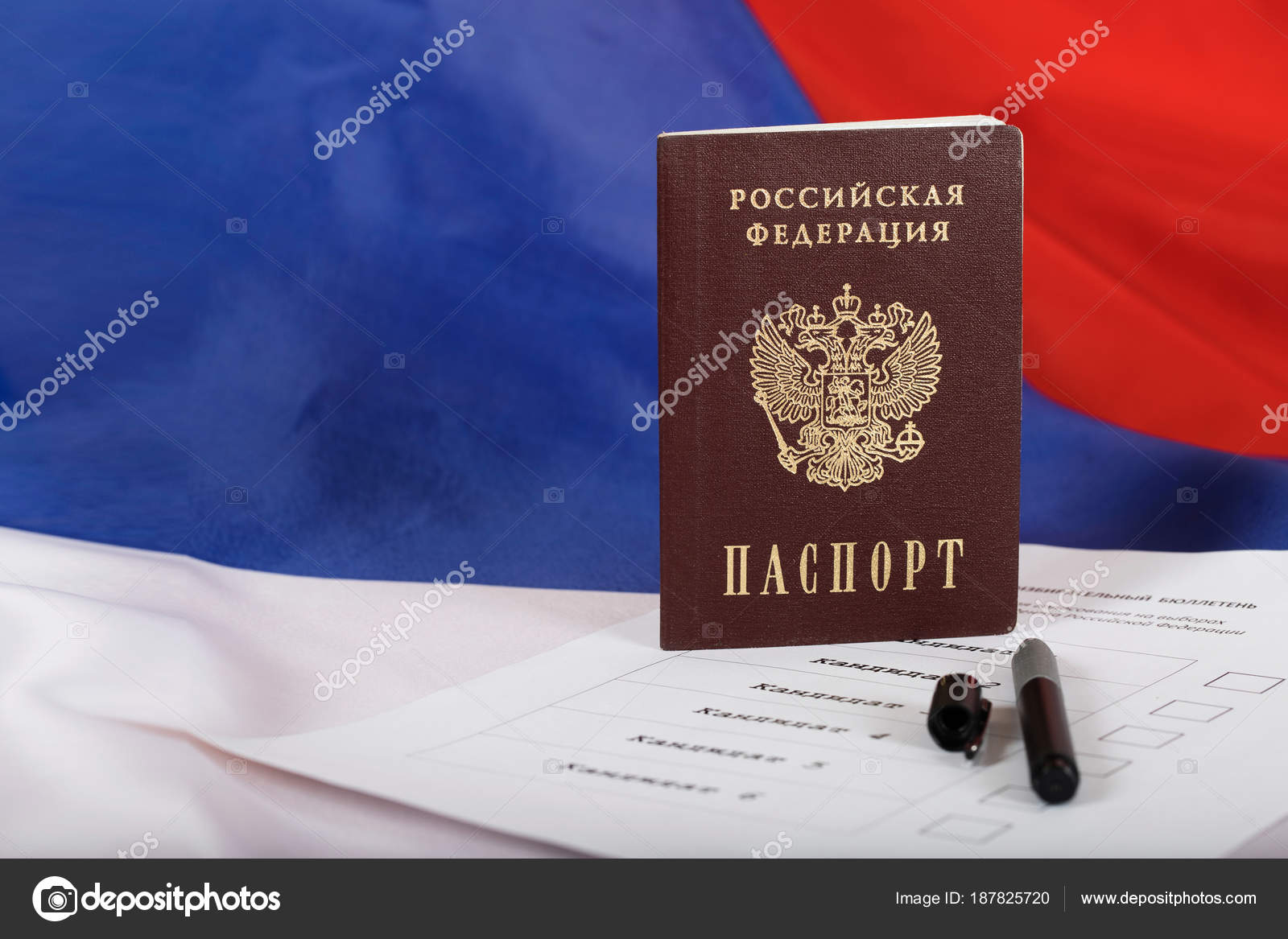 Russian passport on a approximate sample of ballot paper for pre Stock ...