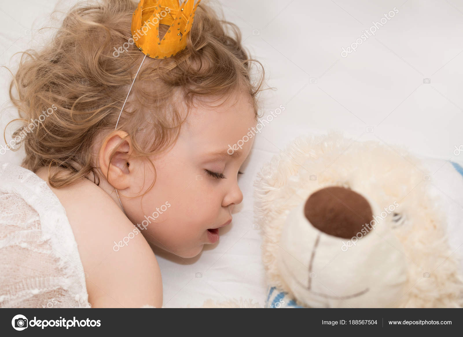 Small Sleeping Girl Two Years Her White Bed Closeup Stock Photo by ...