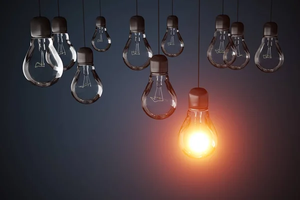 Many light bulbs and one is glowing. 3D rendered illustration. — Stock ...