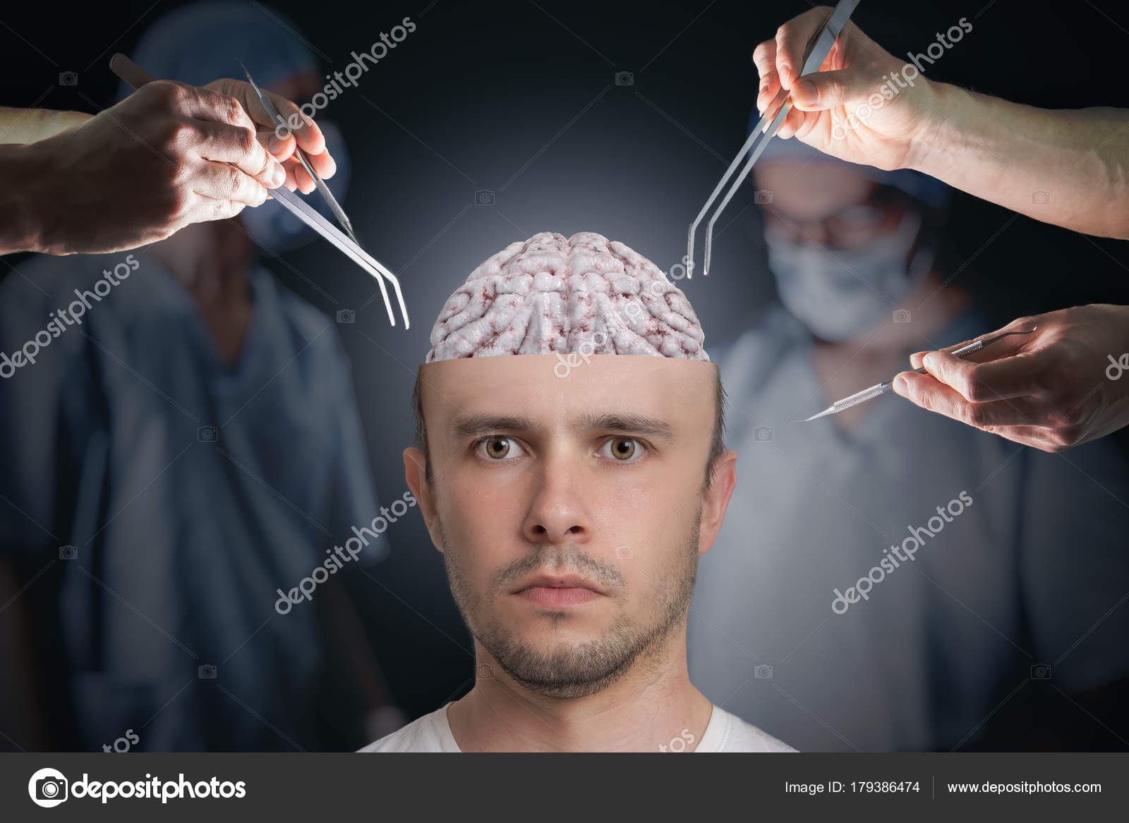Neuroscience and neurosurgery concept. Surgeons during operation ...