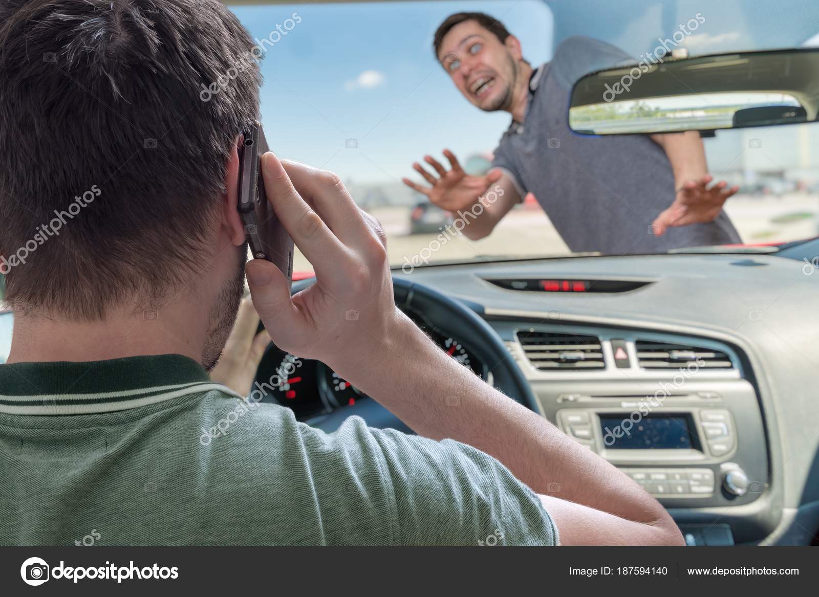 Driver calling using smartphone in car is going to hit pedestria ...