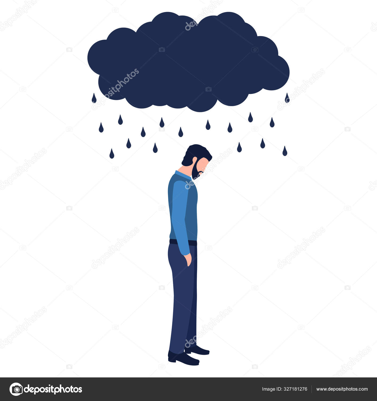 Sad Man Standing In Rain