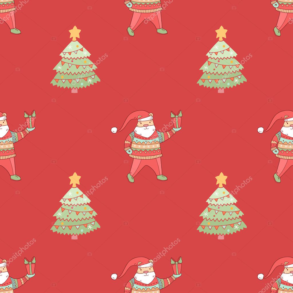 Pattern with cartoon Christmas tree and santa Stock Vector by ©Lunter ...