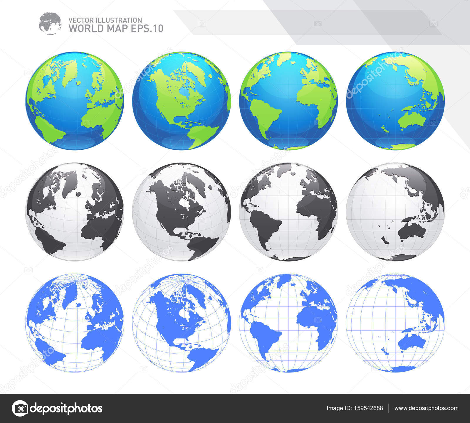 Globos mostrando la tierra con todos los continentes. Digital world ...