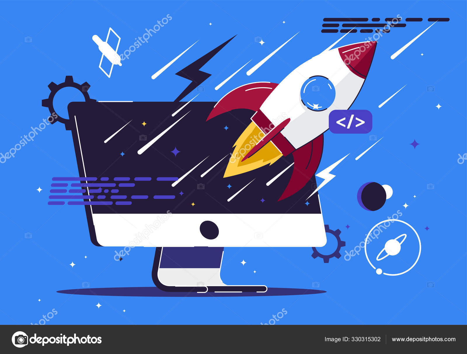 Vector Illustration Monoblock Rocket Flying Out Monitor Space ...