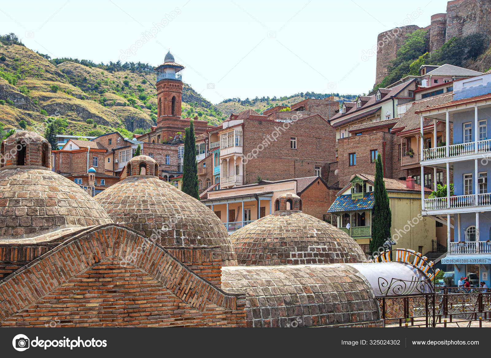 Minaret of Juma mosque, sulfur baths in old Tbilisi Stock Photo by ...