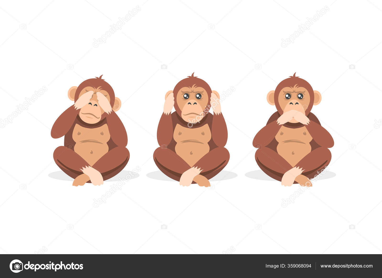 Three cartoon monkey sitting with closed eyes, mouth and ears isolated ...