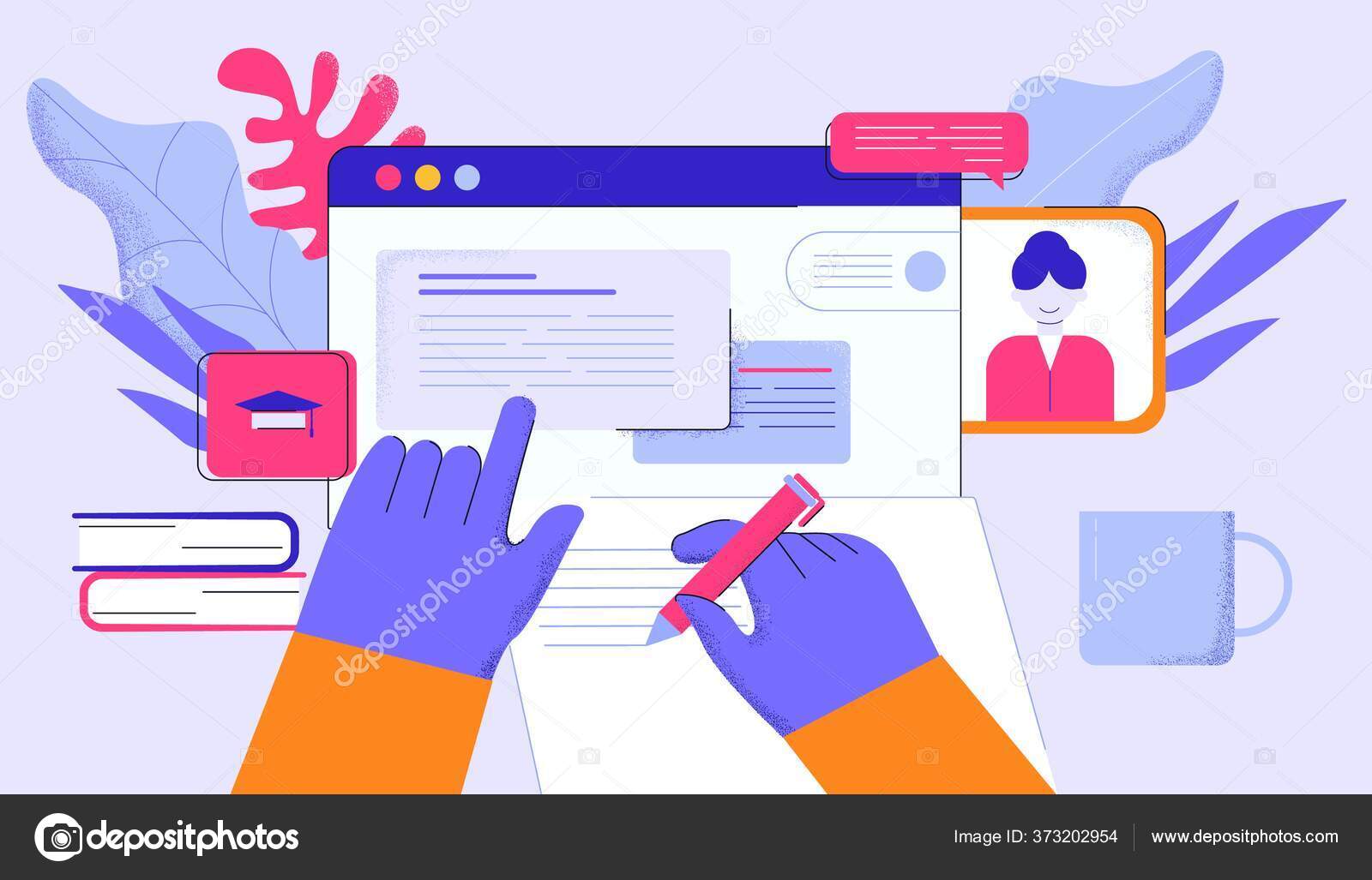 Cartoon human hands making notes during watching online course at ...