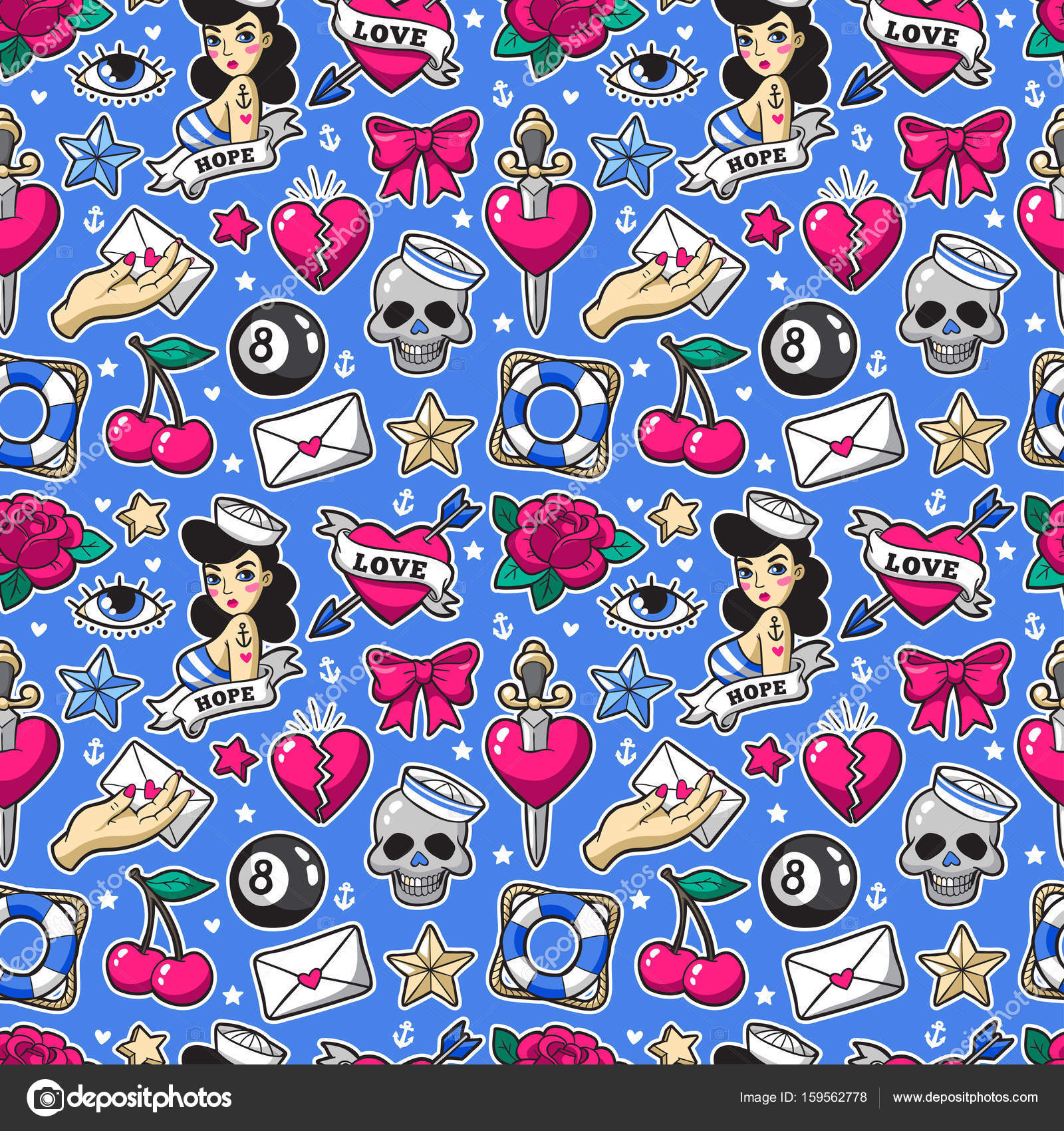 Old school seamless pattern in rockabilly style. Stock Vector Image by ...