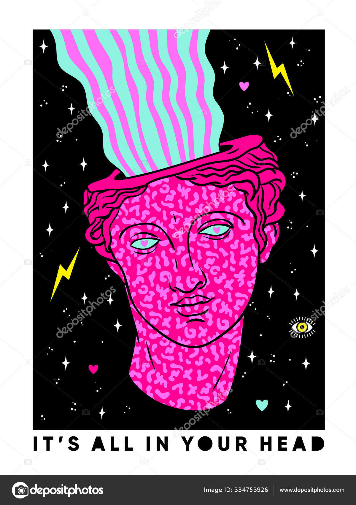 Acid ancient sculpture illustration in trendy psychedelic cosmic style ...