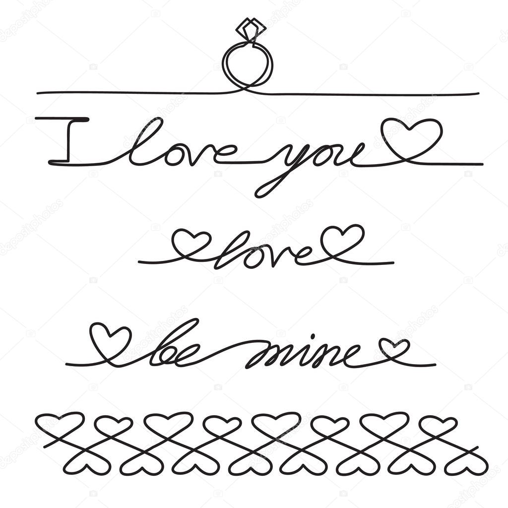 Anillo de boda. Dibujo continuo de una línea de te amo, ser tipografía ...