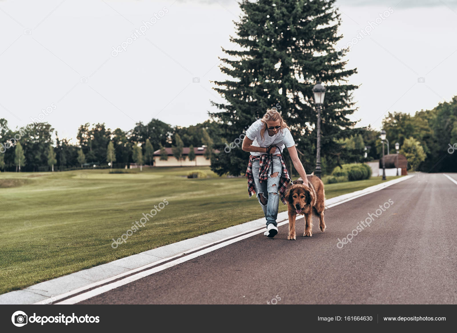 Handsome man walking with dog Stock Photo by ©gstockstudio 161664630