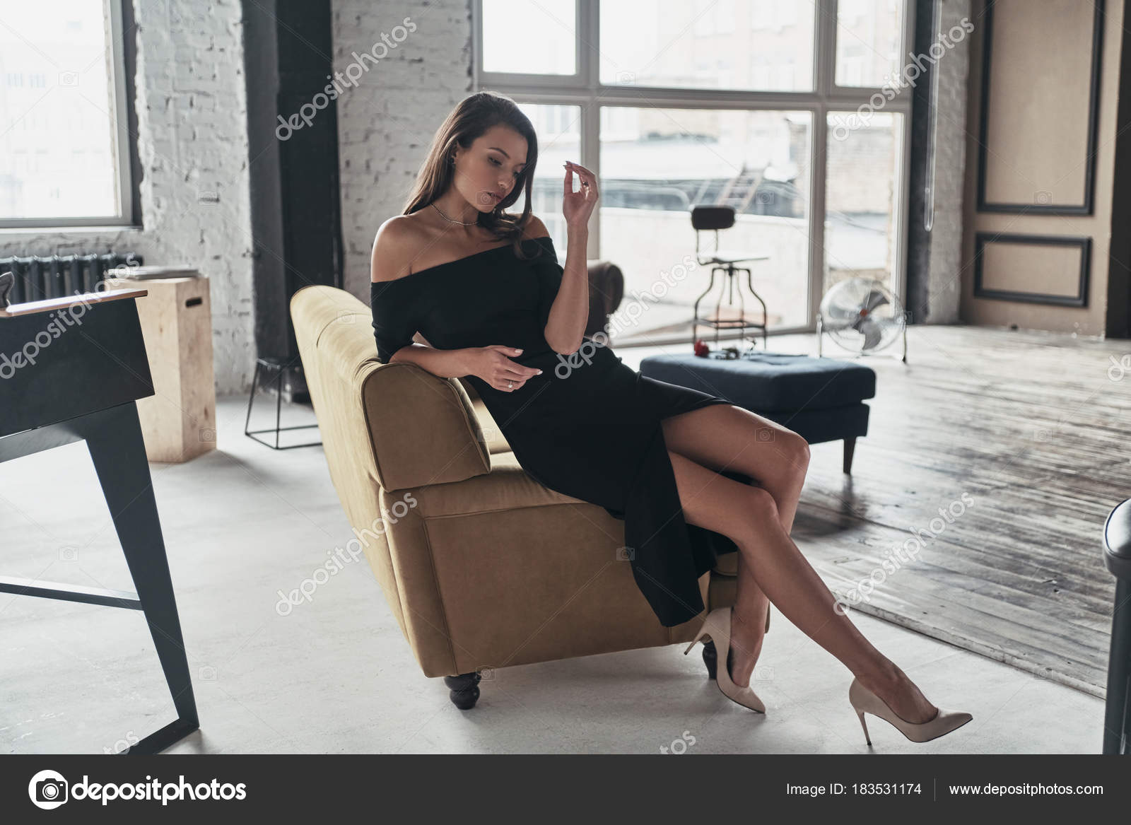Glamorous Brunette Woman Black Elegant Dress Posing Home Stock Photo by ...
