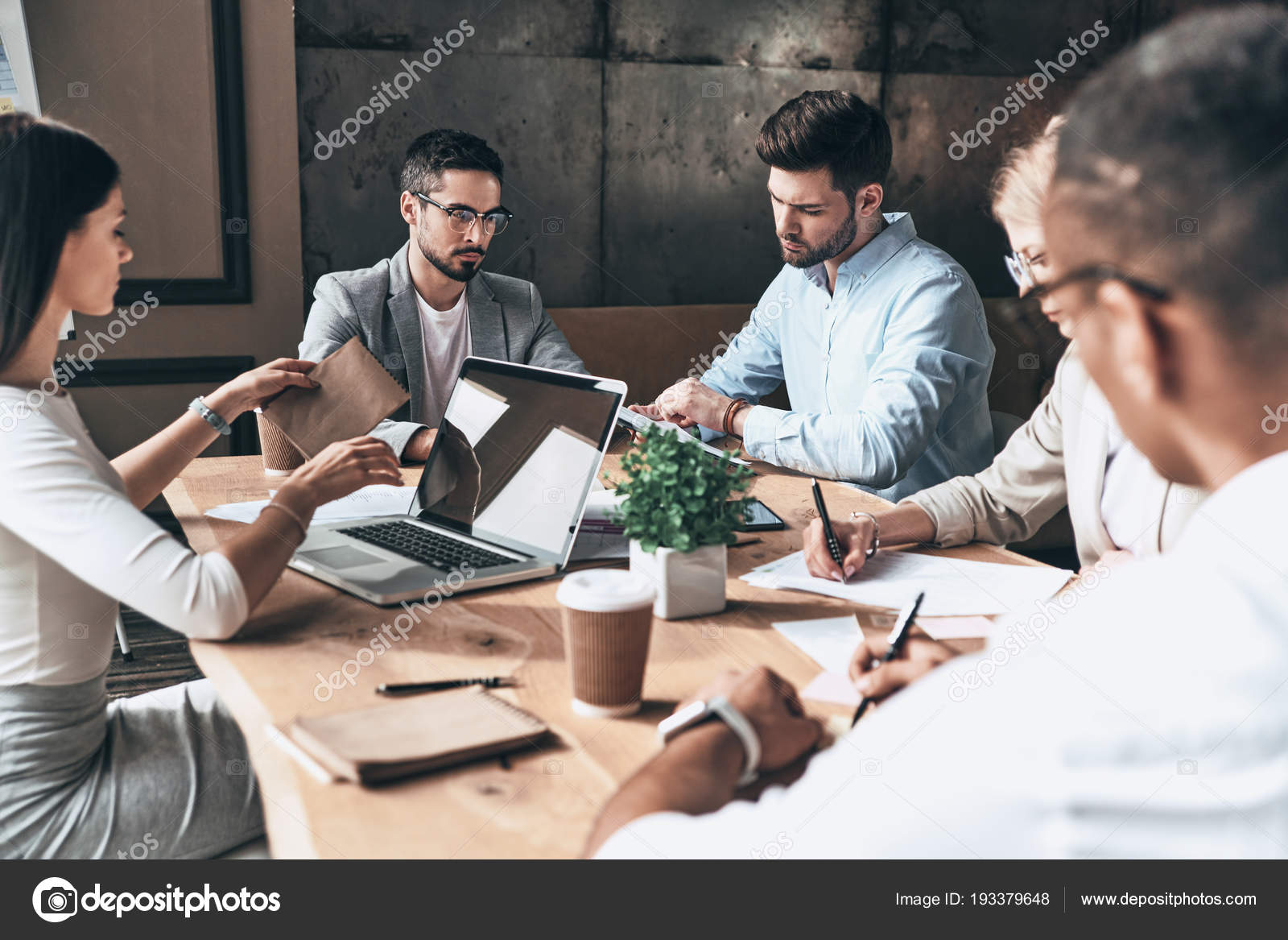 Group Young Modern People Discussing Business While Sitting Creative ...