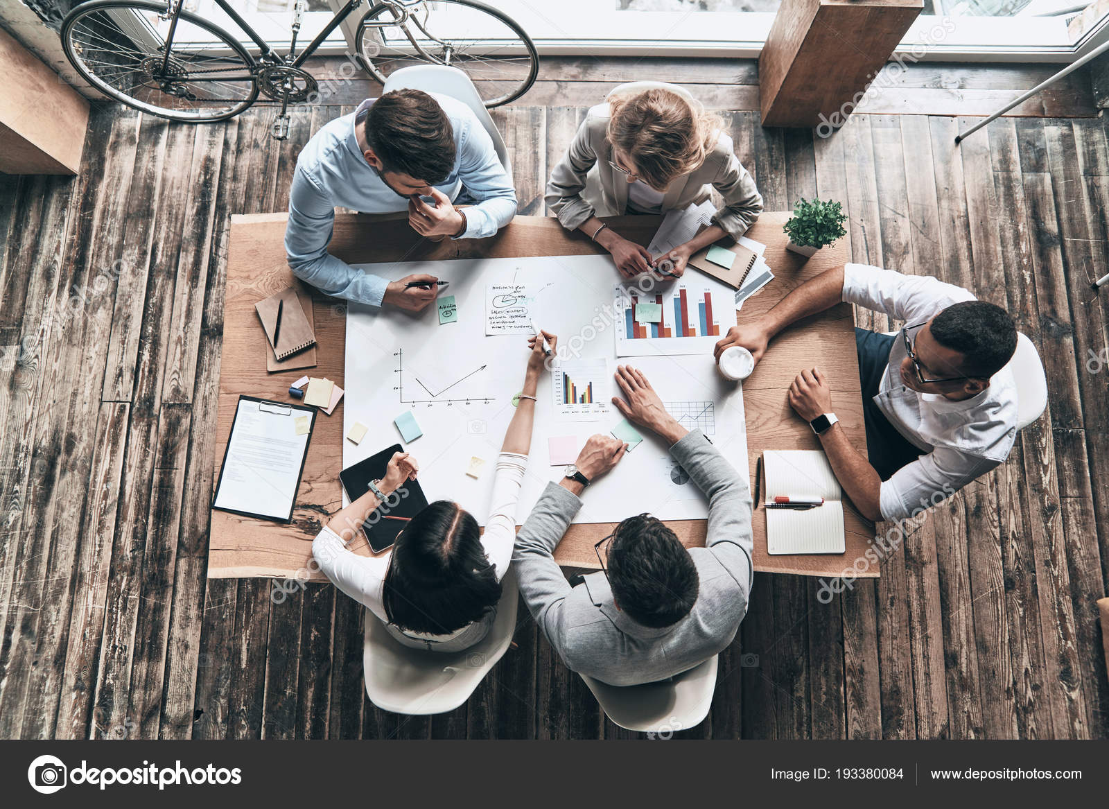 Top View Young Modern People Working Blueprint While Sitting Table ...