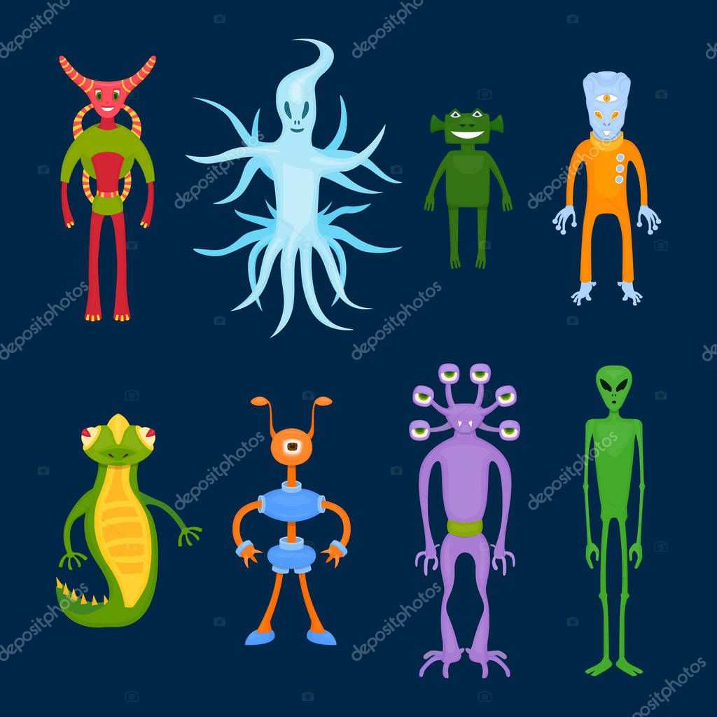 Un conjunto de alienígenas de dibujos animados. Lindos personajes para ...