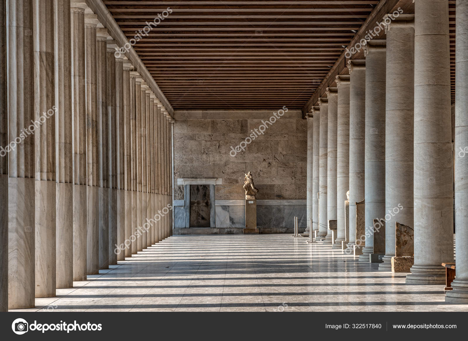 Passage with marble ionic columns inside stoa of Attalos, ancient agora ...
