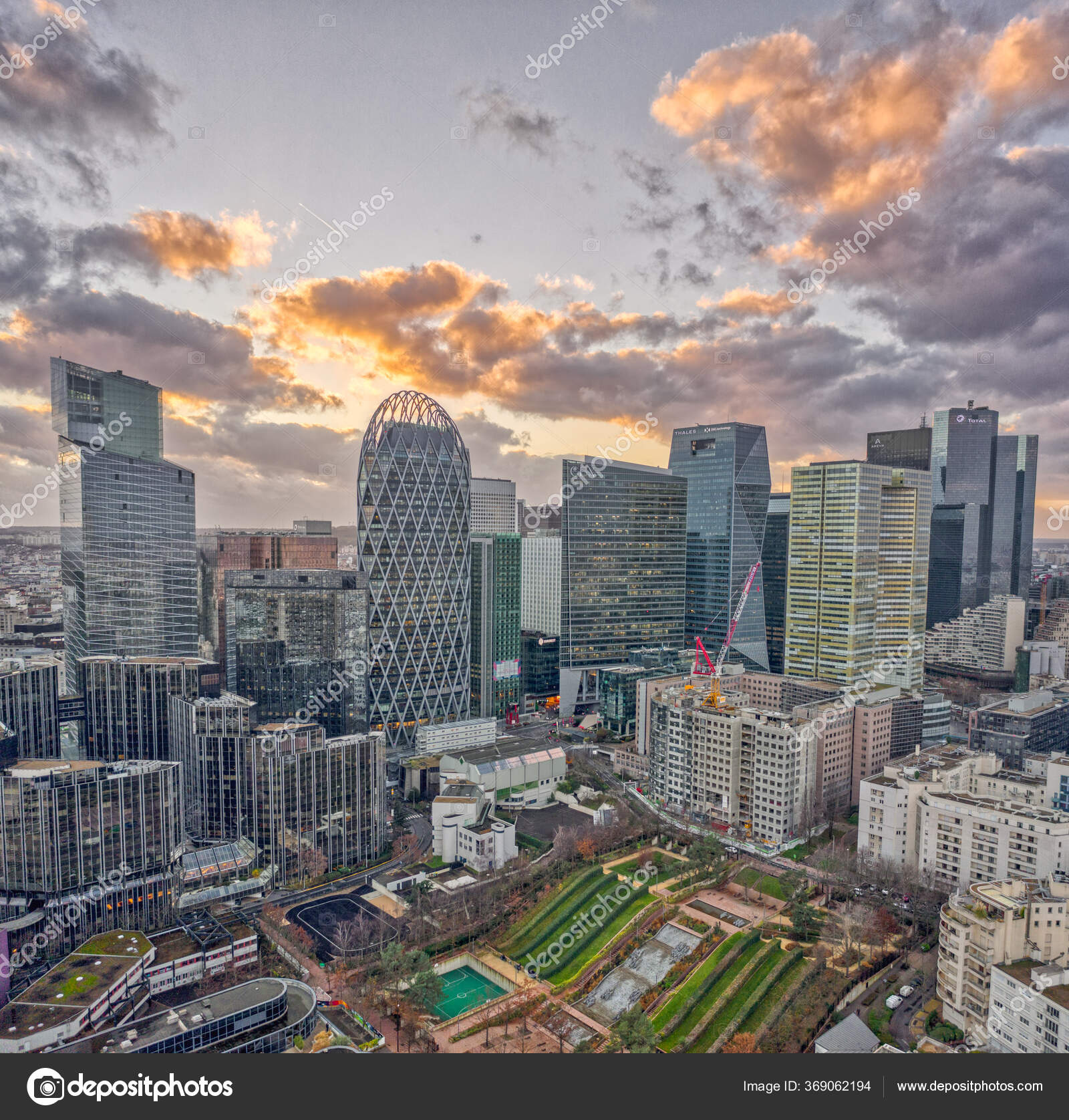 Aerial View Defense Skyscraper Complex Sunset Clouds — Stock Photo ...