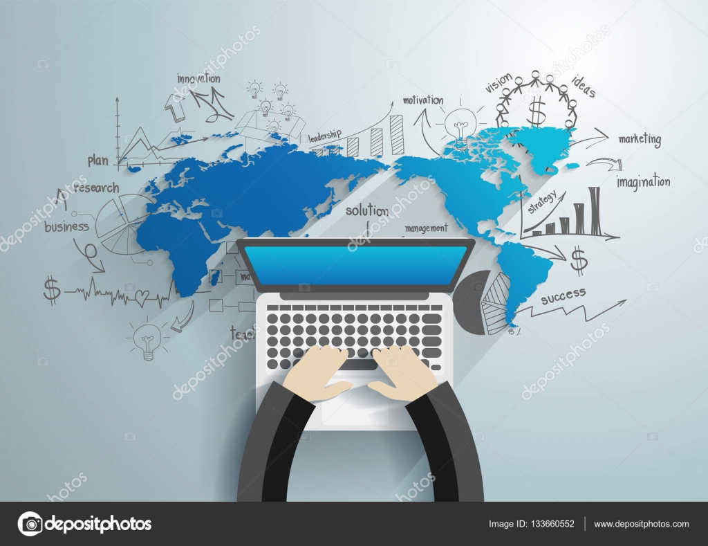 World map with creative drawing charts and graphs business success ...