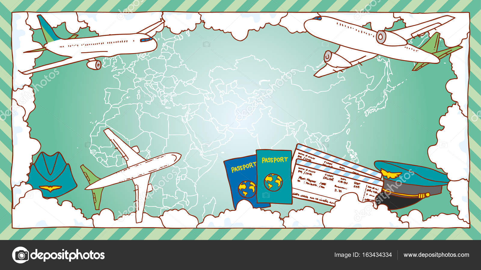 Air Travel concept frame. World map, airplane, boarding pass, passport ...